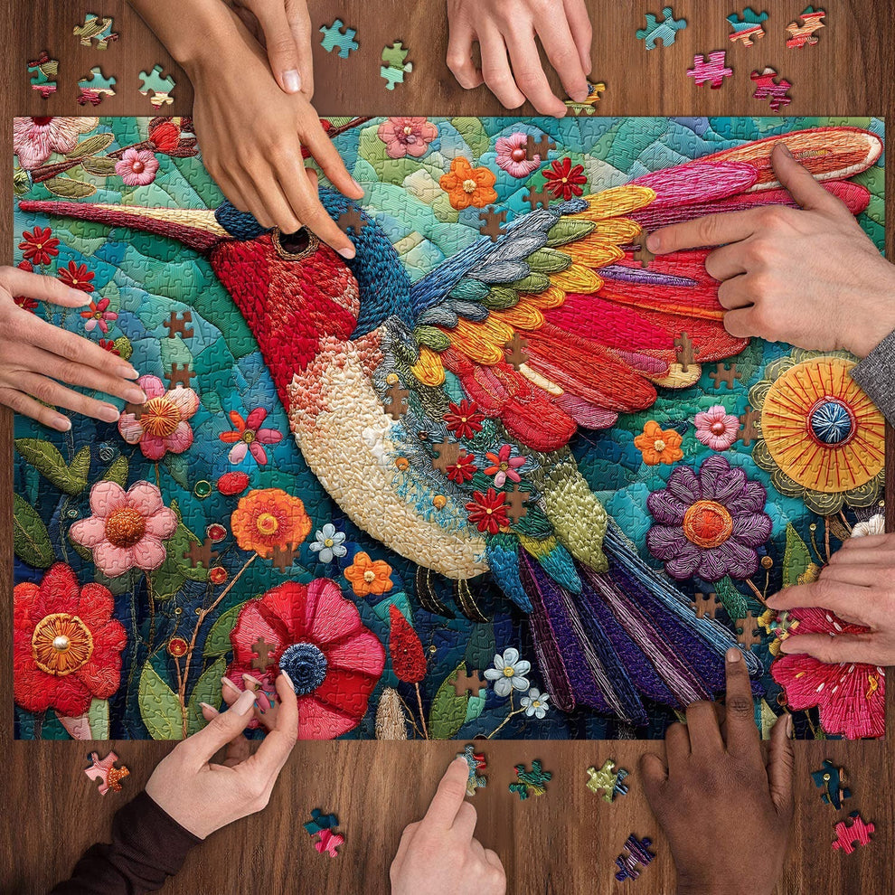 Patchwork Hummingbird Wooden Jigsaw Puzzle 1000 Pieces – Puzzloom